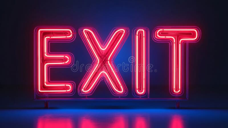 Vivid Red Neon Exit Sign Against Dark Blue Background, Emergency ...