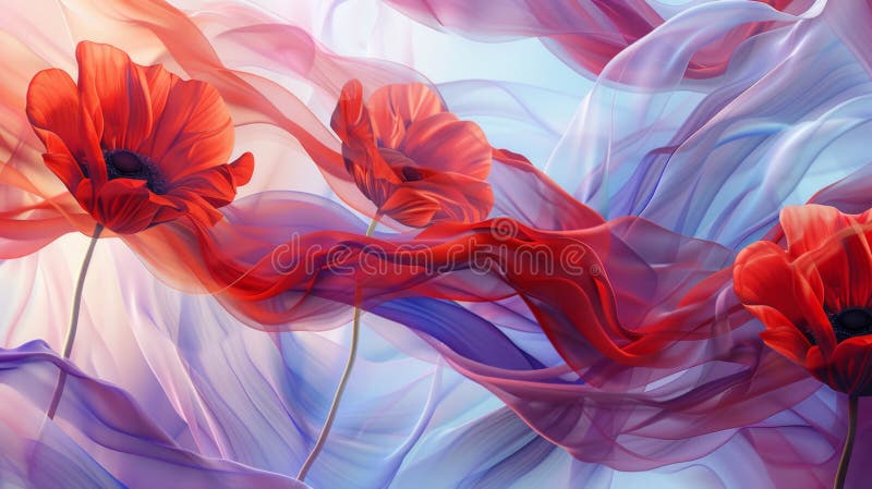 Vivid Red Poppies on Ethereal Blue Silk Background Stock Photo - Image ...