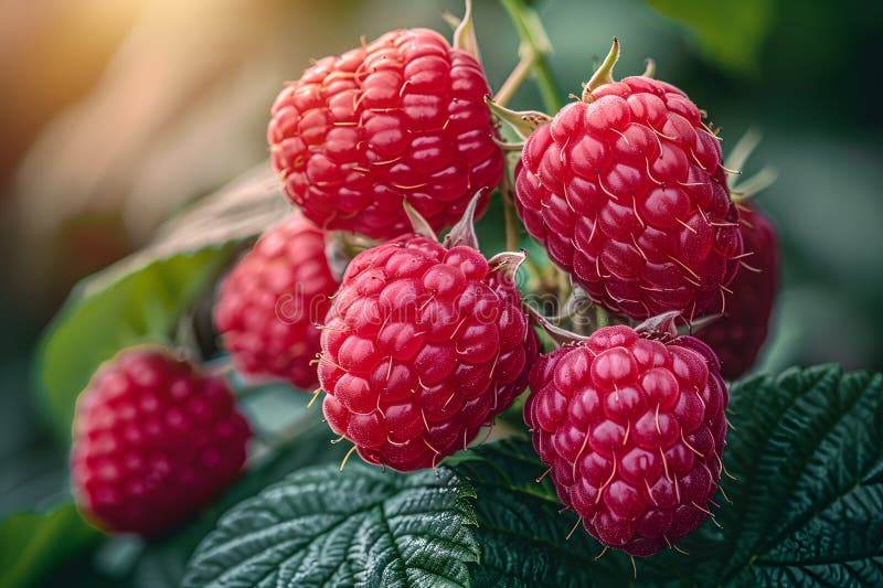 Close Up Of Ripe Red Raspberries On A Leafy Bush In Sunlight Ideal