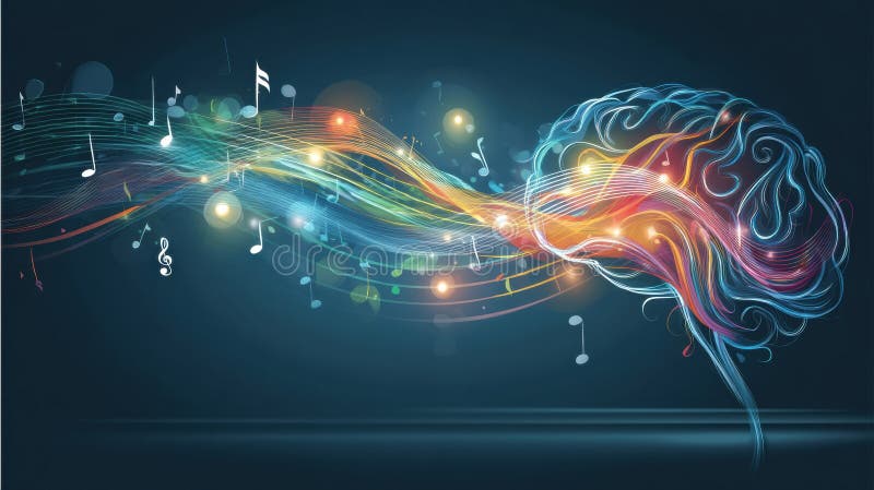 Happy Brain Icon Radiating Music Notes and Bright Light Flow ...