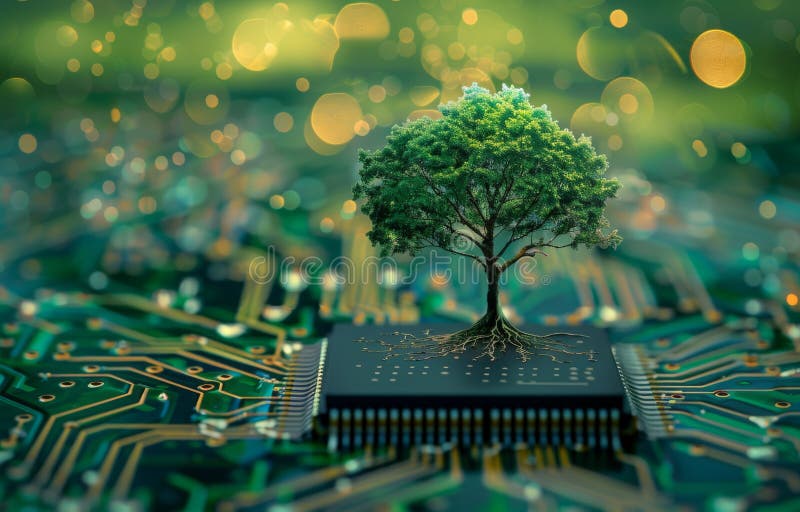 Green Tree Flourishing on a Microchip Amidst Electronic Circuits ...