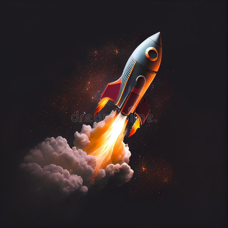 Vivid Rocket Starting Fly on Black Background. Illustration ...