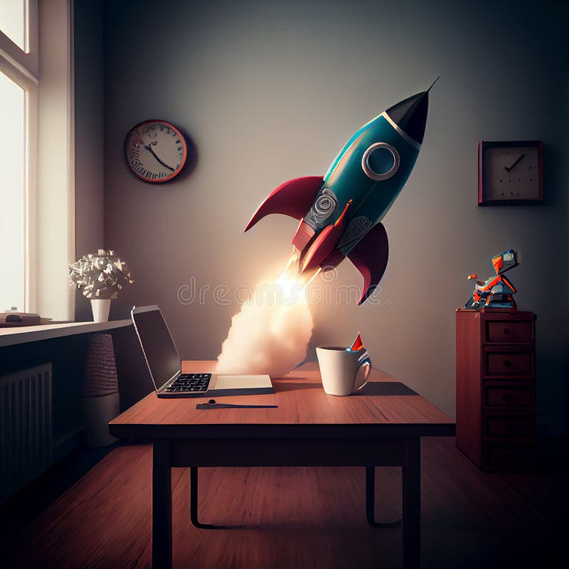 Vivid Rocket Starting Fly from a Desk. Illustration. Generative AI ...