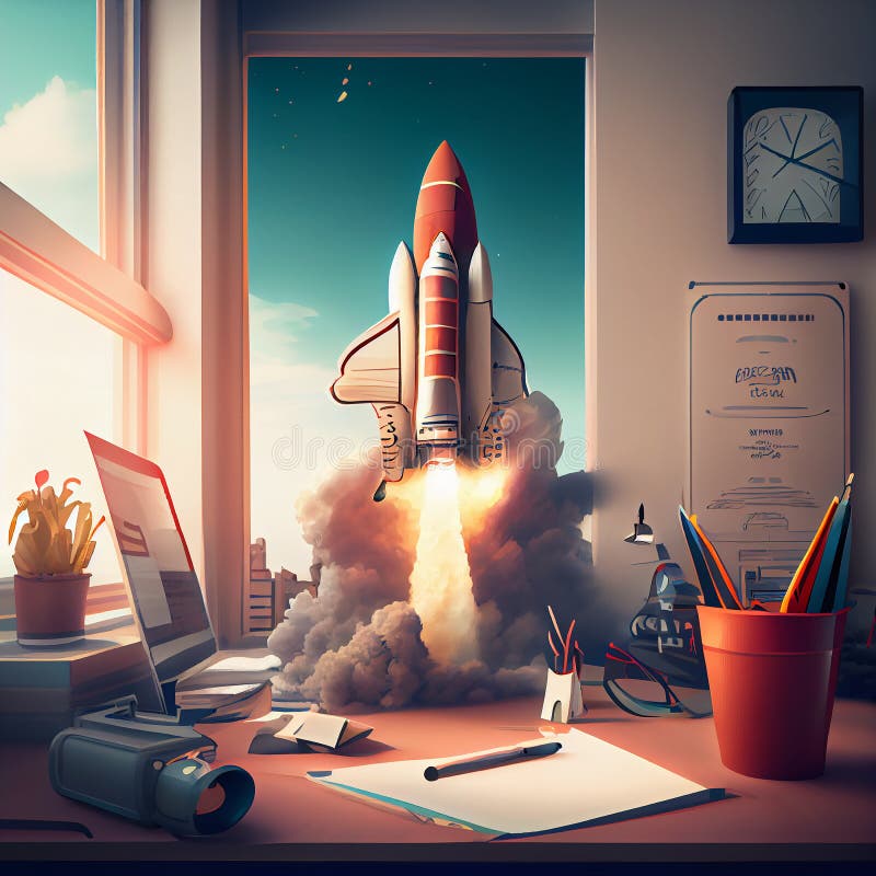 Vivid Rocket Starting Fly from a Desk. Illustration. Generative AI ...