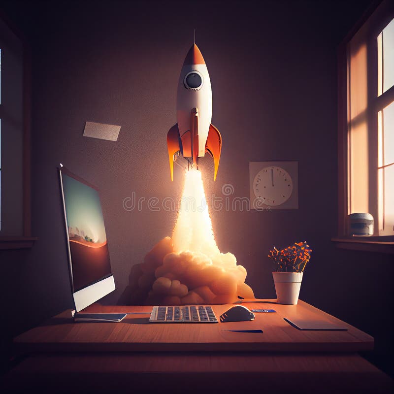 Vivid Rocket Starting Fly from a Desk. Illustration. Generative AI ...