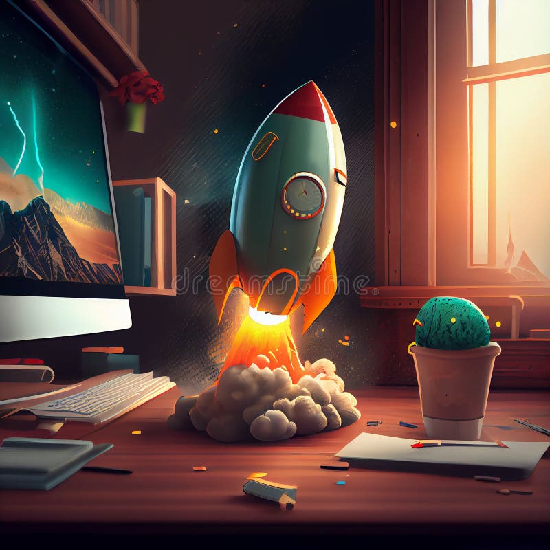 Vivid Rocket Starting Fly from a Desk. Illustration. Generative AI ...