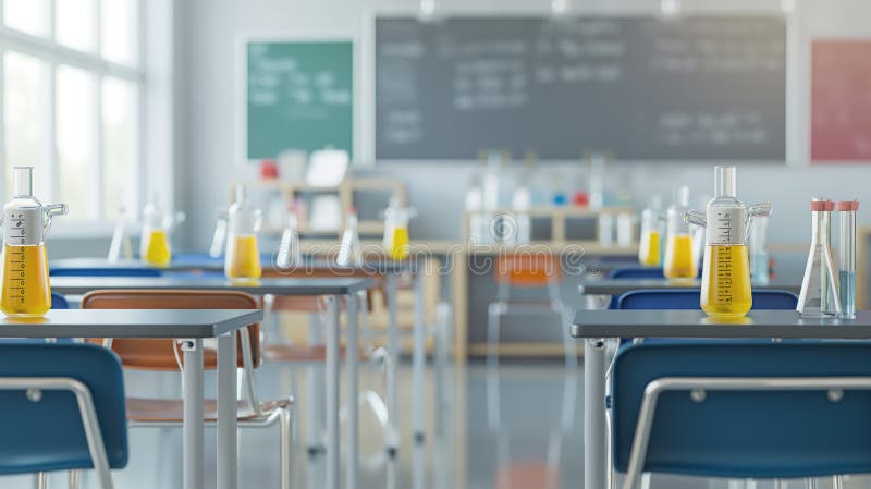 Bright Science Classroom with Chemistry Equipment on Desks in a School ...
