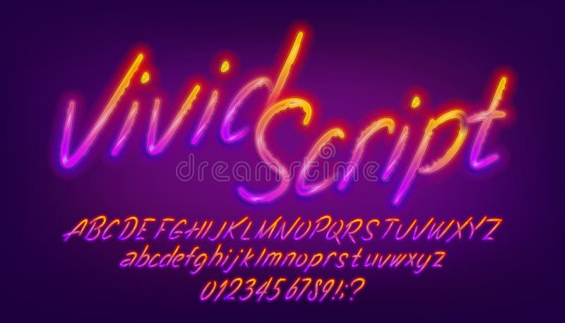 Vivid Script Alphabet Font. Bright Neon Letters and Numbers. Uppercase ...