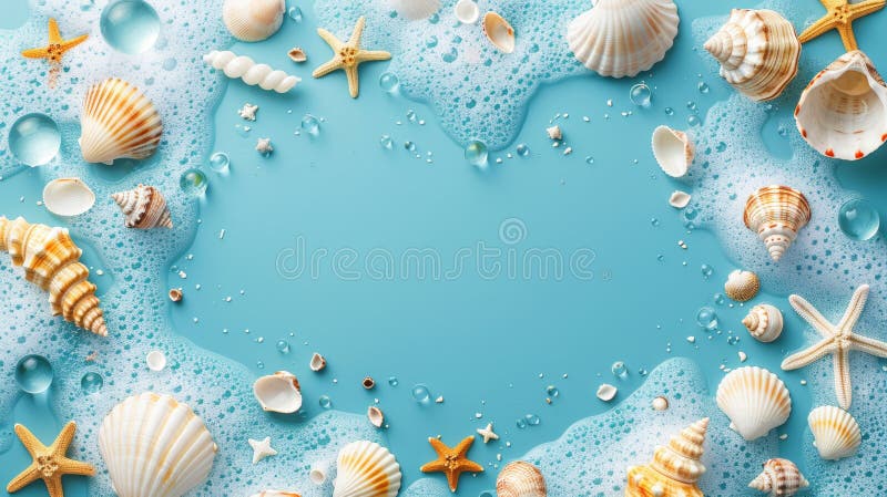 Vivid Sea Mollusk Shells on Deep Blue with Foam Border Captivating ...
