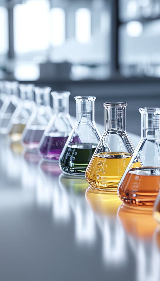Vivid Solutions, Laboratory Glassware with Colorful Chemicals in a Row ...
