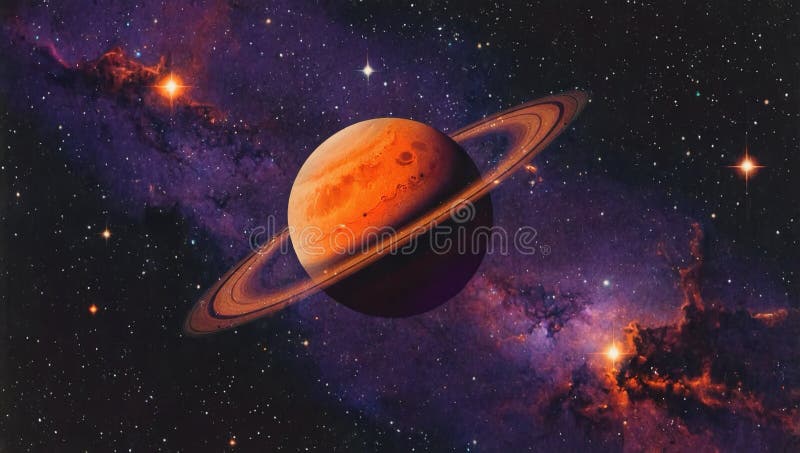 Vivid Space Scene Featuring a Large Orange Ringed Planet and Colorful Purple-blue Nebula with ...