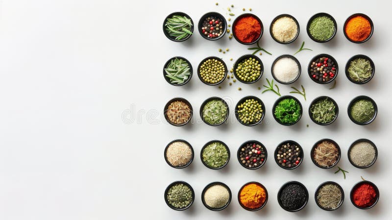 Vivid Spice Palette Artistic Display of Various Spices in Small ...