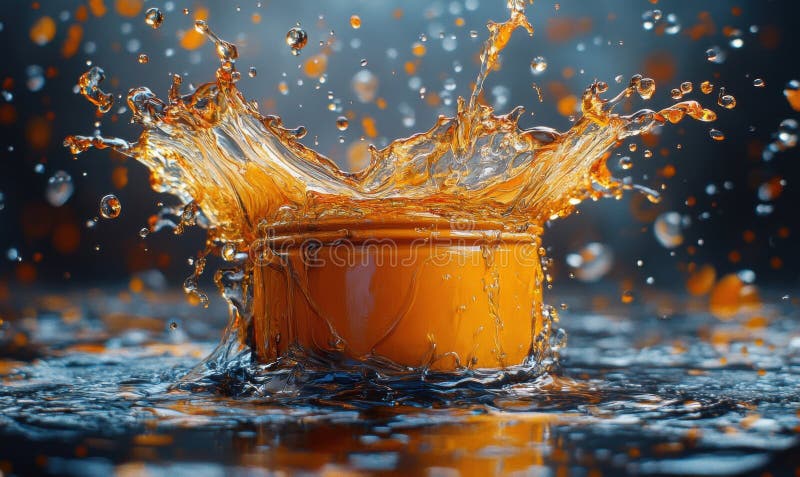 Vivid Splash of Orange Liquid from a Container in a Dark Setting Stock ...