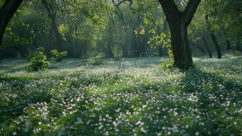 Vivid Spring Scenery with Lush Green Grass and Sunlight Filtering ...