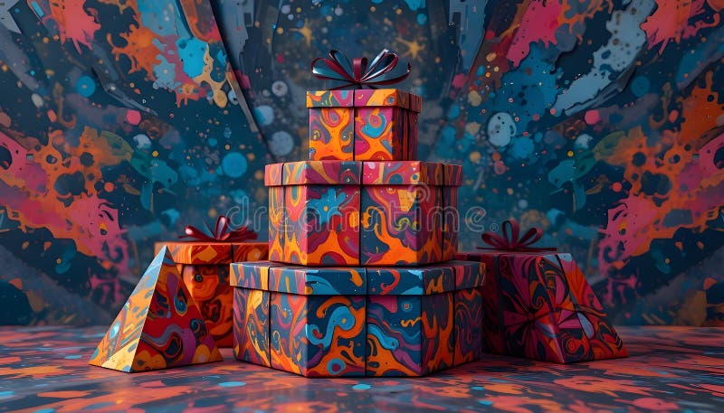 Colorful Gift Boxes with Bold Patterns and Unique Shapes Stock ...