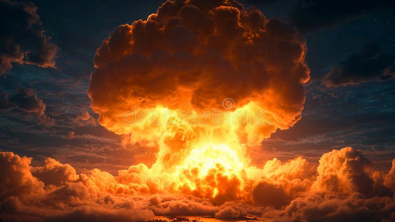 A Dramatic Nuclear Explosion Erupts Vividly Against a Dark and Cloudy ...