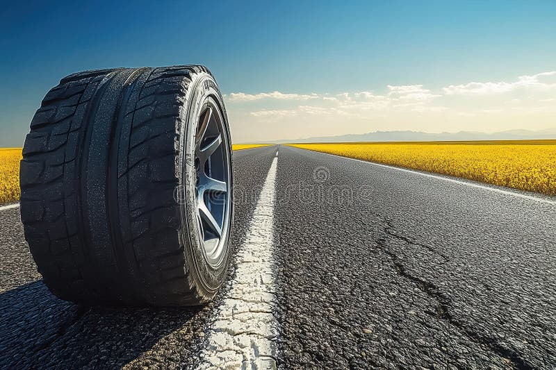 Summer Tire on Road Against Blooming Fields Under Bright Sunlight in ...