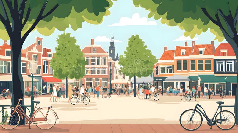 Vivid Summer Scene in Leiden Stock Illustration - Illustration of vivid ...