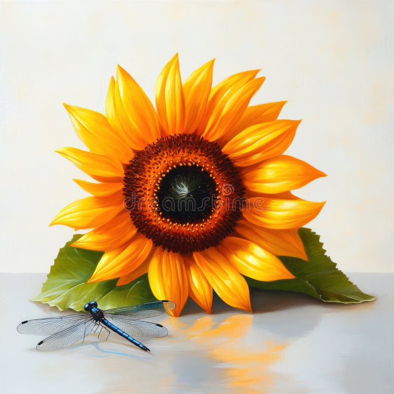 Vivid Sunflower and Dragonfly on Reflective Surface Stock Image - Image ...