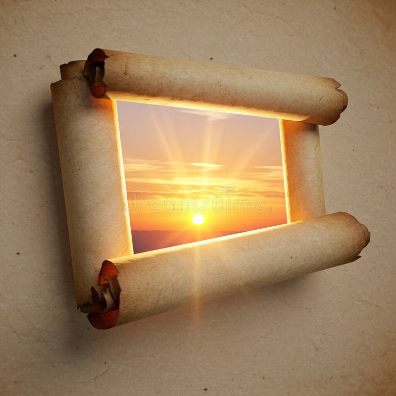 A Vivid Sunset is Framed by Parchment-like Scrolls. the Sun is Low on ...