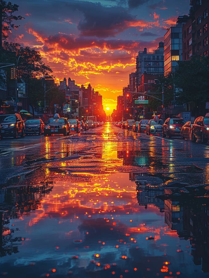 Vivid Sunset Reflecting on a Cityscape Stock Photo - Image of horizon ...