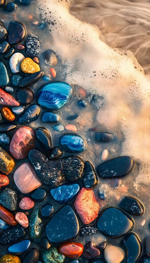 Vivid Sunset Reflections on Beach Pebbles Stock Illustration ...