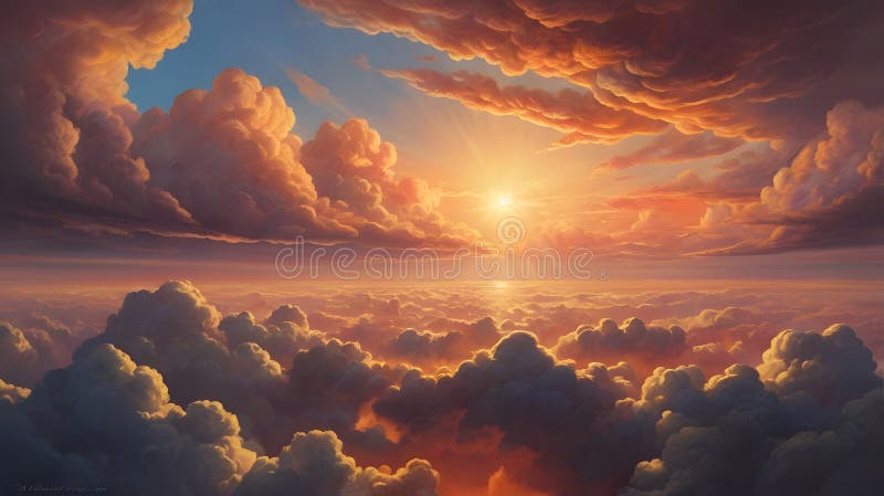 Vivid Sunset Sky with Bright Sun and Dramatic Orange and Pink Clouds Over a Cloudscape Stock ...