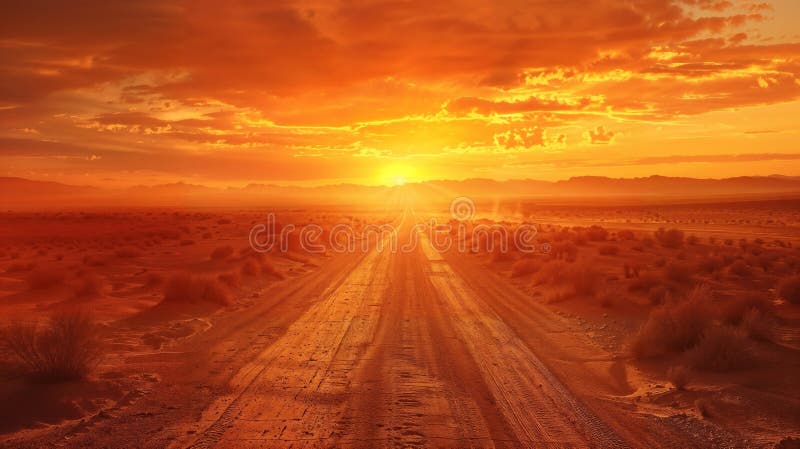 Vivid Sunset Sky Over an Endless Desert Road with Dramatic Cloudscape ...