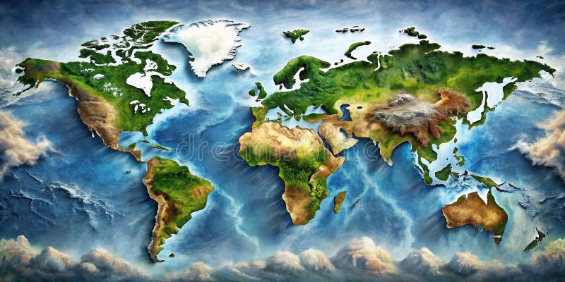 A Vivid, Three-dimensional World Map Depicting Continents and Oceans ...