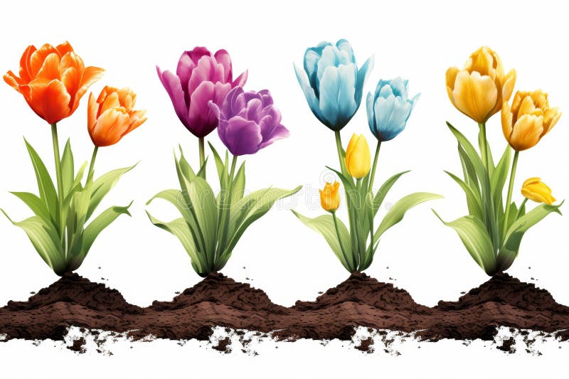 Vivid Tulip Flowers Blooming in Soil on White Backdrop, Isolated for ...