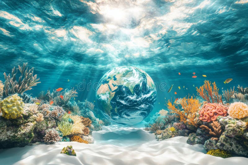 A Vivid Underwater Setting with a Coral Reef and a Globe Illustrating ...