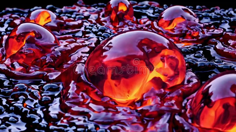 Molten Lava Bubbles Glowing Intensely Red-orange in Dark Volcanic Fluid ...