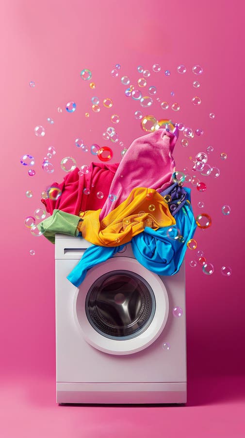 Vivid Washing Machine Scene with Floating Clothes and Bubbles Stock ...