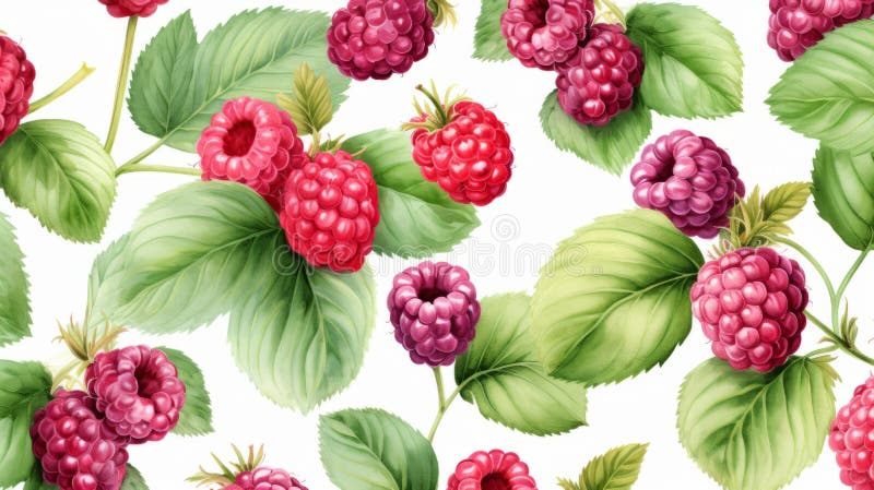 Vivid Watercolor Raspberry Background with Realistic Leaf Designs Stock ...