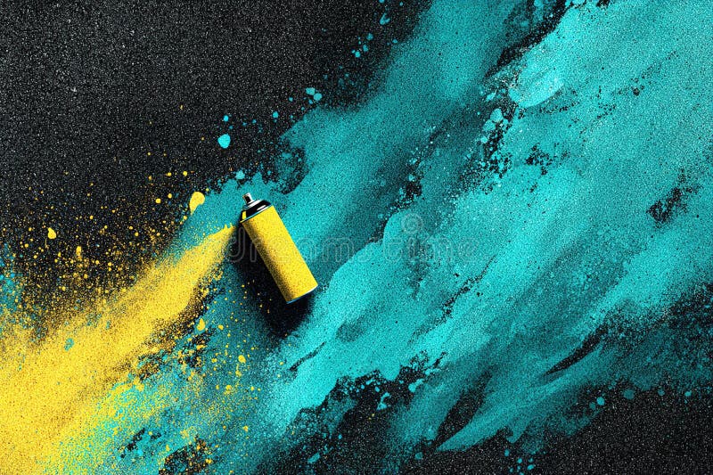 Vivid Yellow and Blue Paint Spray Bottle on a Textured Surface Creates ...