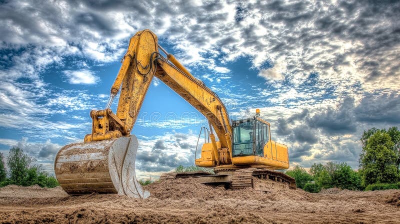 Vivid Yellow Excavator at Sunset Digging Earth Under a Dramatic Sky ...