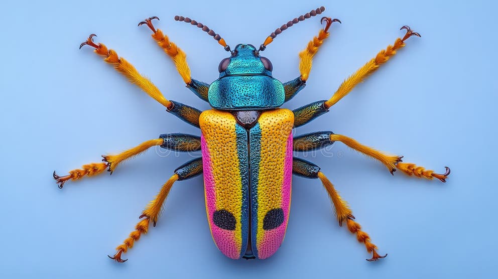 Brightly Colored Beetle on Blue Background with Intricate Details Stock ...