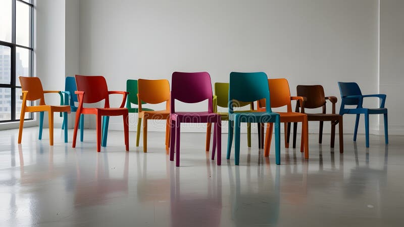 Vividly Colored Chairs Arranged Randomly on a Stark White Floor Stock ...