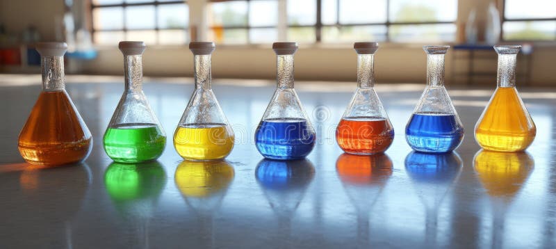 Vividly Colored Chemical Solutions in Erlenmeyer Flasks, Laboratory ...