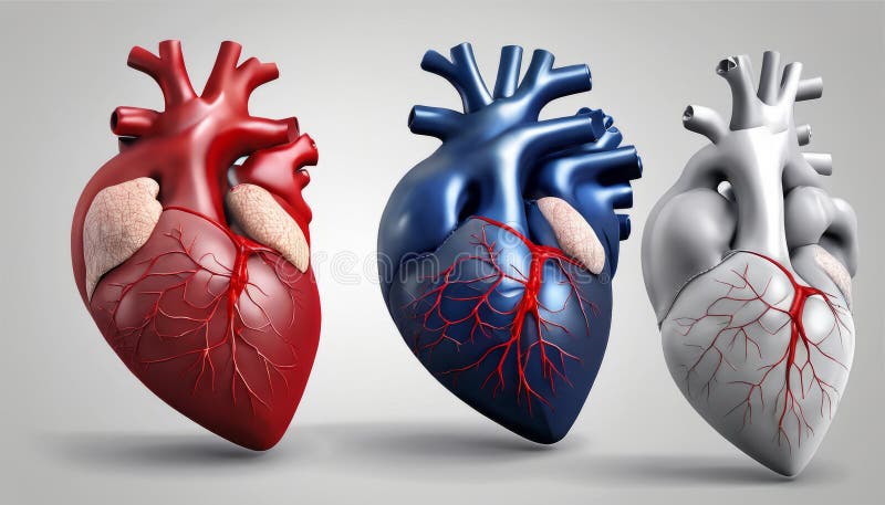 Vividly Colored 3D Hearts in Red, Blue, and Gray, Representing ...