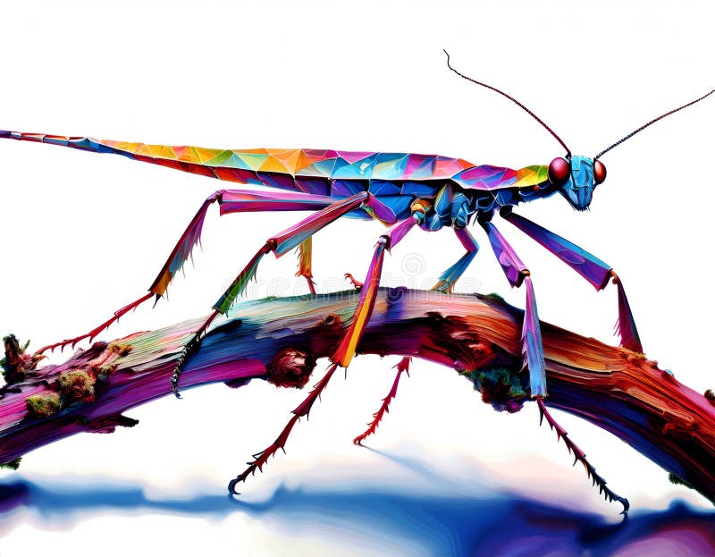 A Vividly Colored Mantis Illustration with a Geometric Pattern, Perched ...