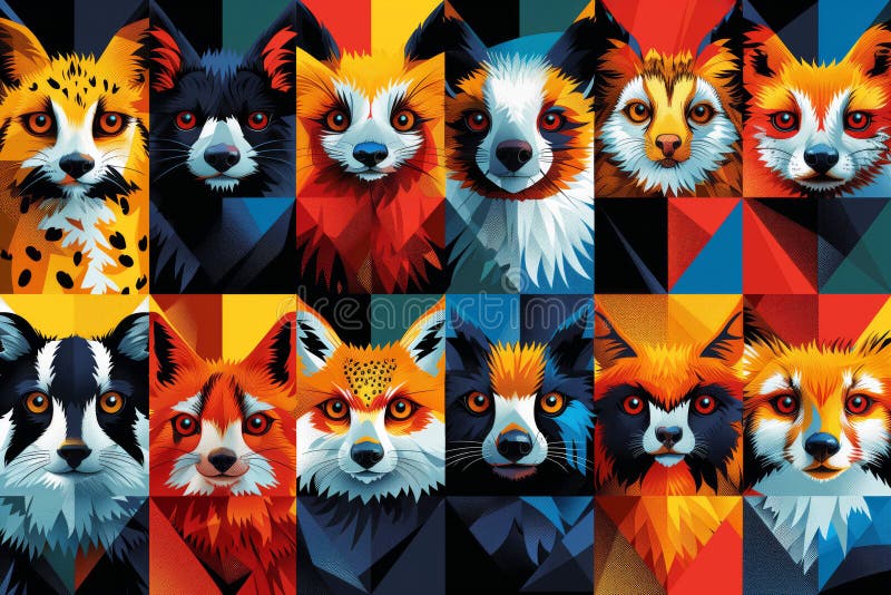Vividly Colored Patchwork of Fox Faces in Various Expressions and ...