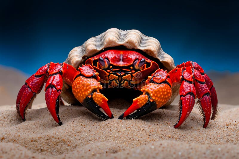 A Red Crab with a Shell on Its Back in the Sand Stock Image - Image of ...