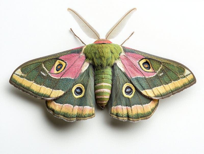Vividly Colored Spurge Hawk Moth Rests on Pristine White Surface. Its ...