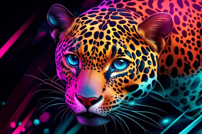A Colorful Leopard with Blue Eyes on a Black Background Stock Photo ...