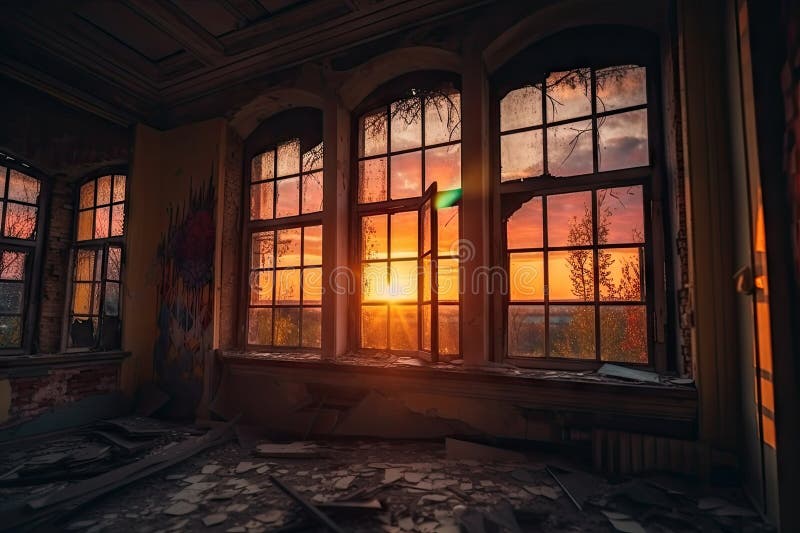 Vividly Colored Sunset Shining through Broken Windows of Abandoned ...