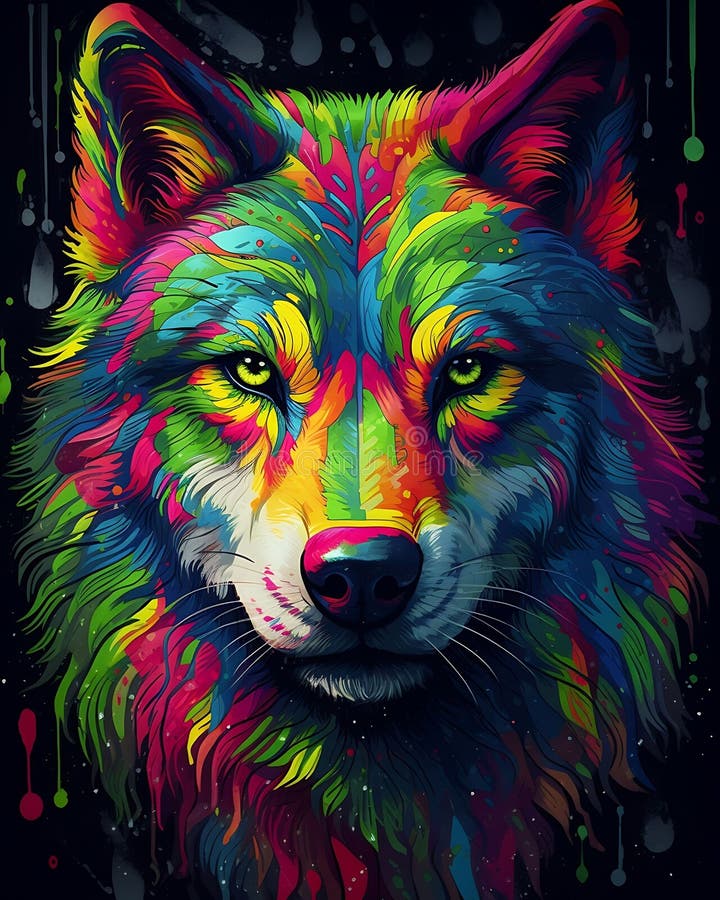 Colorful Wolf Illustration with Vibrant Patterns and Striking Facial ...