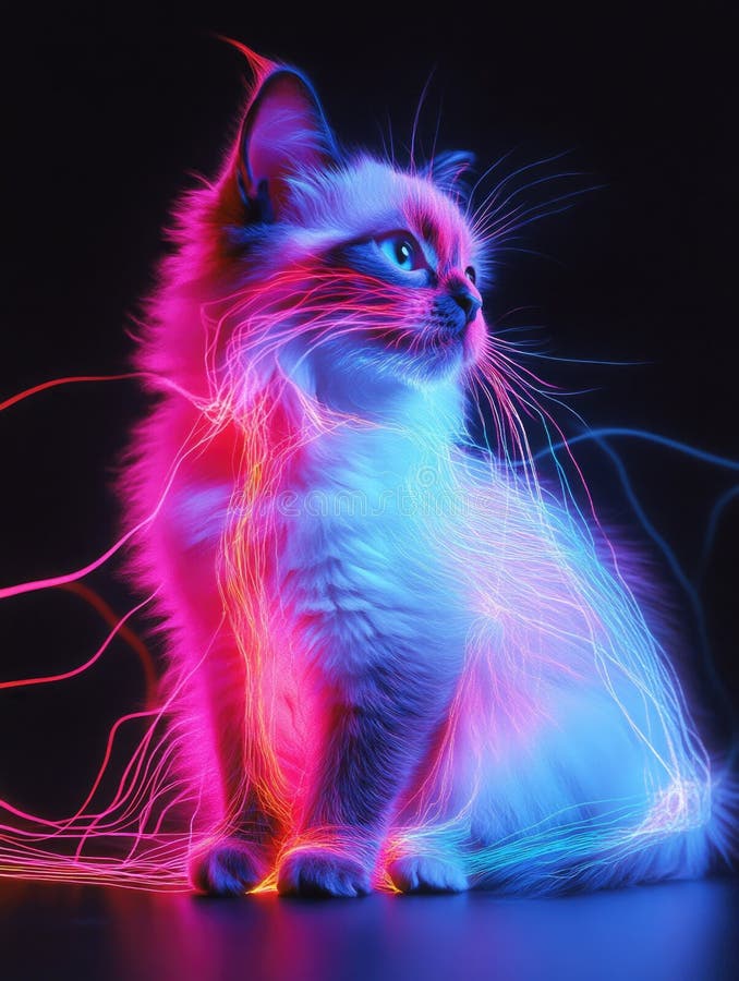 Vividly Illuminated Cat with Neon Streaks Stock Photo - Image of dark ...