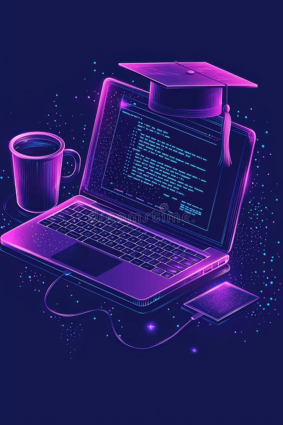 Digital Learning Represented with Illuminated Laptop and Graduation Cap ...