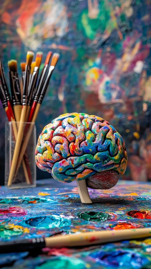 Vividly Painted Brain Model with Art Supplies in a Colorful Studio ...